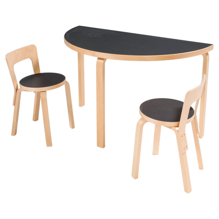 Alvar Aalto for Artek Birch and Black Linoleum 65 Chairs and Table, Set of 3 For Sale at 1stDibs