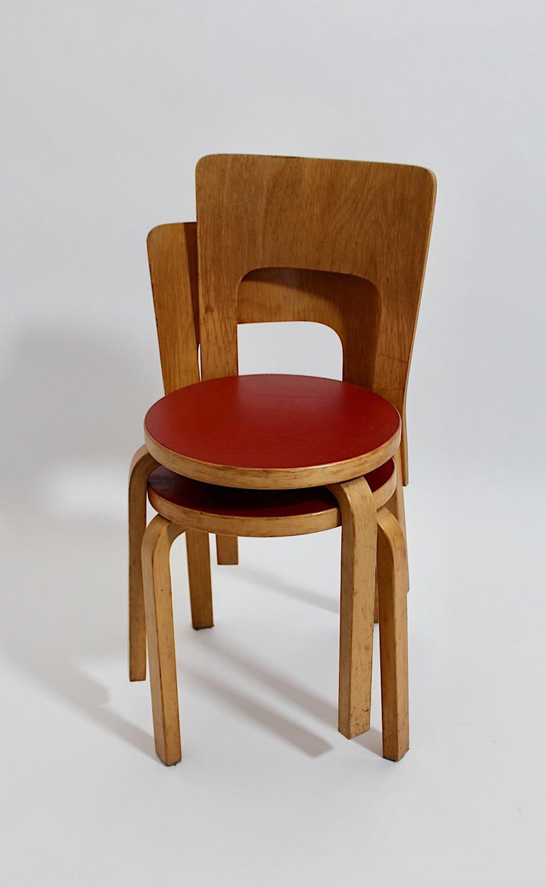 Alvar Aalto Scandinavian Modern Vintage Duo Pair Birch Red Laminate ...