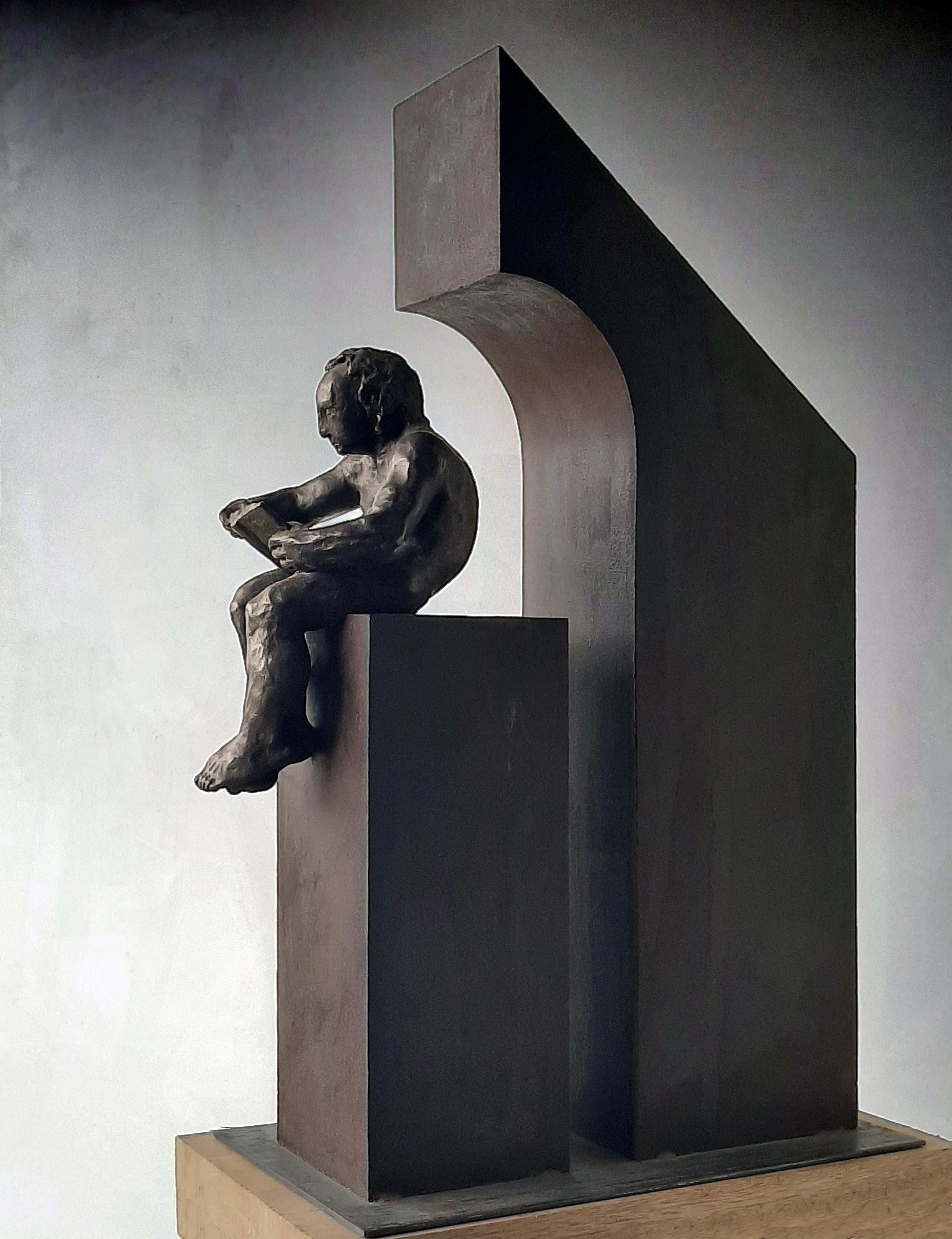 Jesus Curia Perez - Columna - Bronze Sculpture with Patina, Tower of Balancing Figures on Steel ...