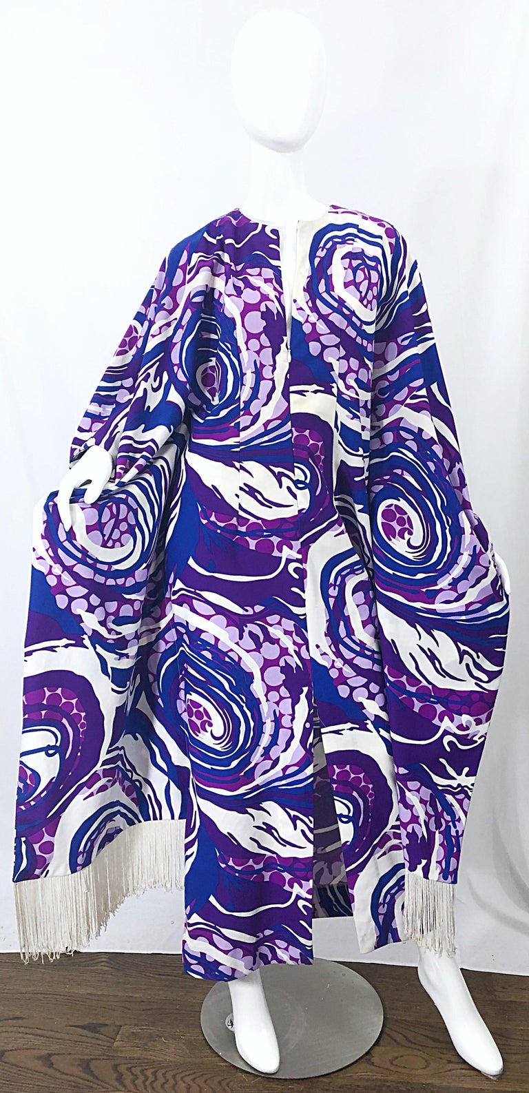 Amazing 1970s Fringed Purple and Blue Abstract Swirl Print Vintage 70s ...