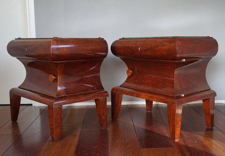 Stunning Art Deco Burl Walnut Nightstands / Bedside tables w. Porcelain ...