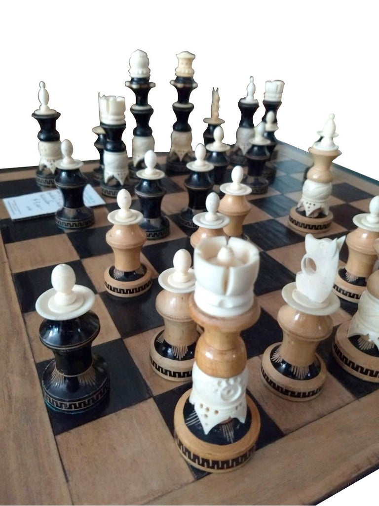Amazing Chess Set of Handcrafted Wood and Bone Pieces with Table and ...