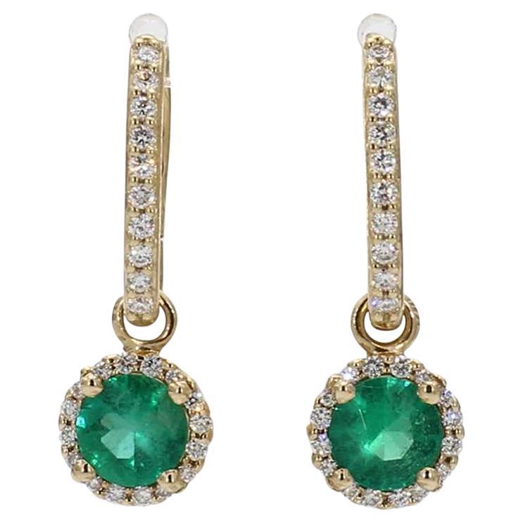 Round Emerald Drop Yellow Gold Earrings For Sale at 1stDibs