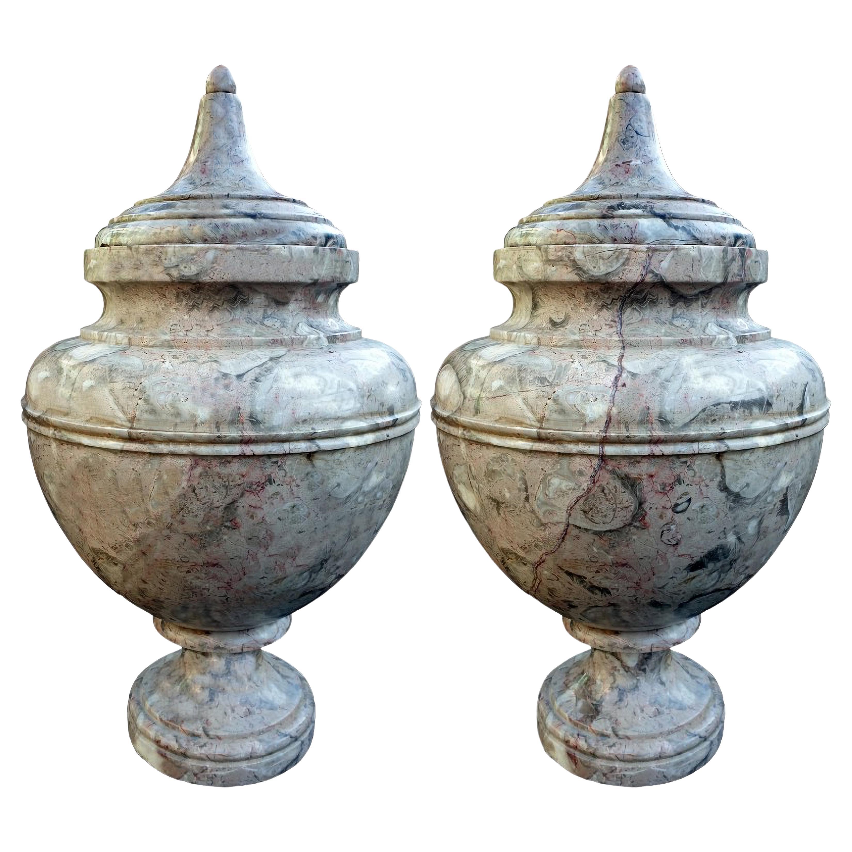 Amazing Pair of Turned Vases in Italian Diaspro Rosso Marble Early 20th ...