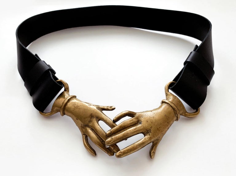 Amazing Rare Clasped Hands Belt metal clasping adjustable black leather ...