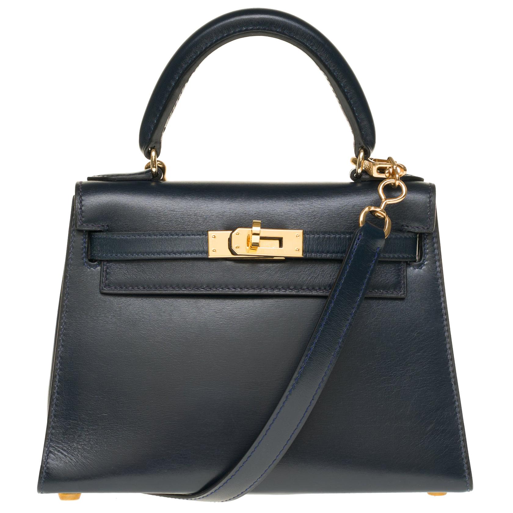 Amazing and Rare Hermès Mini Kelly 20cm double strap in blue navy ...