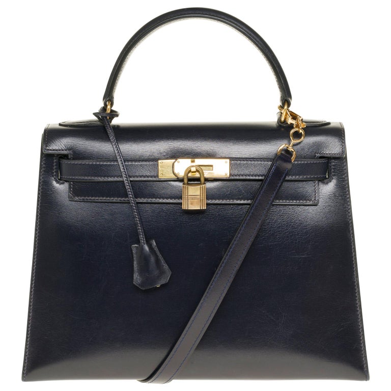Amazing and Rare Hermès Mini Kelly 30cm sellier strap in navy blue calf ...