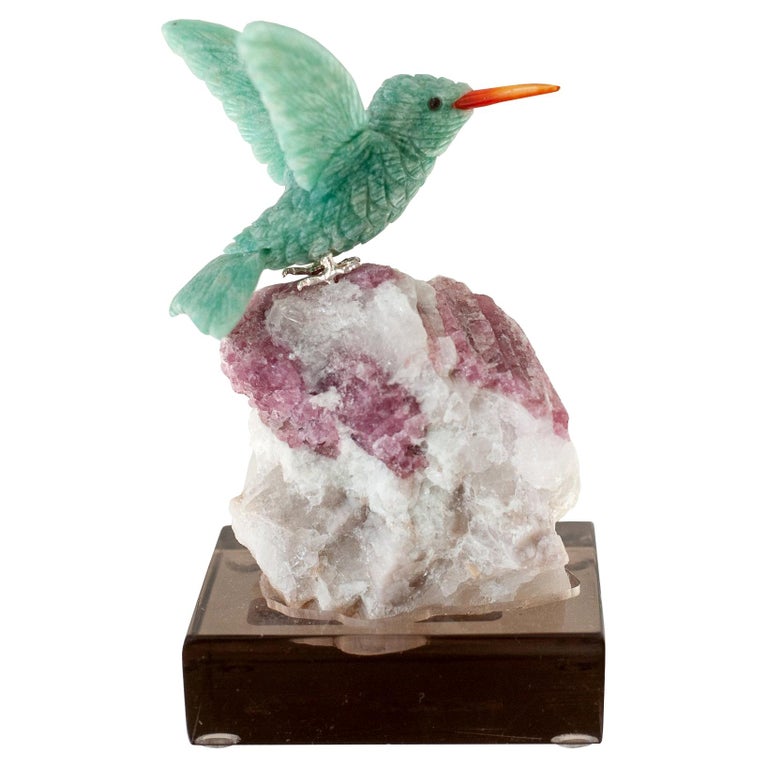 Amazonite Hummingbird on Rubellite Tourmaline and Quartz Mineral Base ...