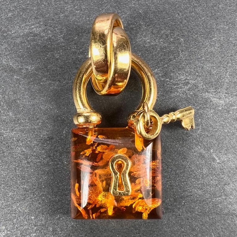 Amber 18K Yellow Gold Padlock Charm Pendant For Sale at 1stDibs