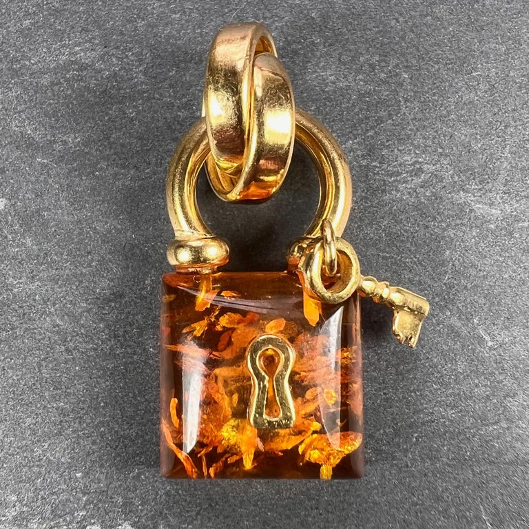 Amber 18K Yellow Gold Padlock Charm Pendant For Sale at 1stDibs