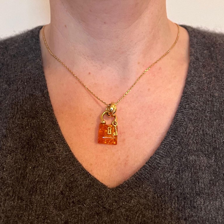 Amber 18K Yellow Gold Padlock Charm Pendant For Sale at 1stDibs