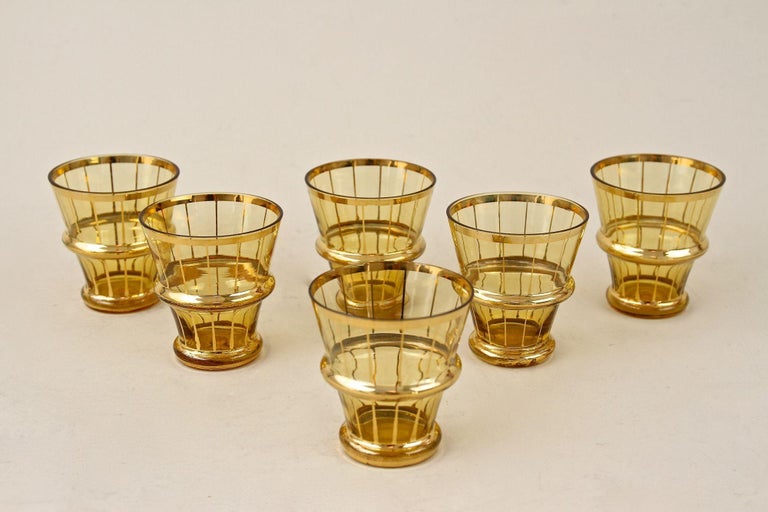 Amber Colored Gilt Art Deco Glass Decanter Set with 6 Shot Glasses, CZ ...
