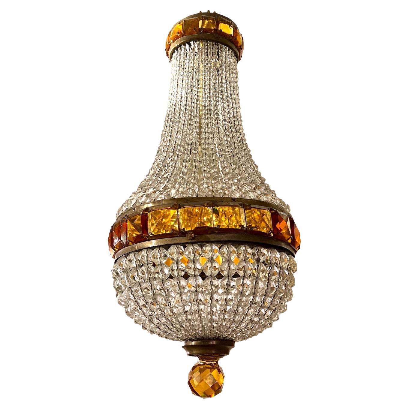 Amber Glass Light Fixture with Crystal Drops For Sale at 1stDibs