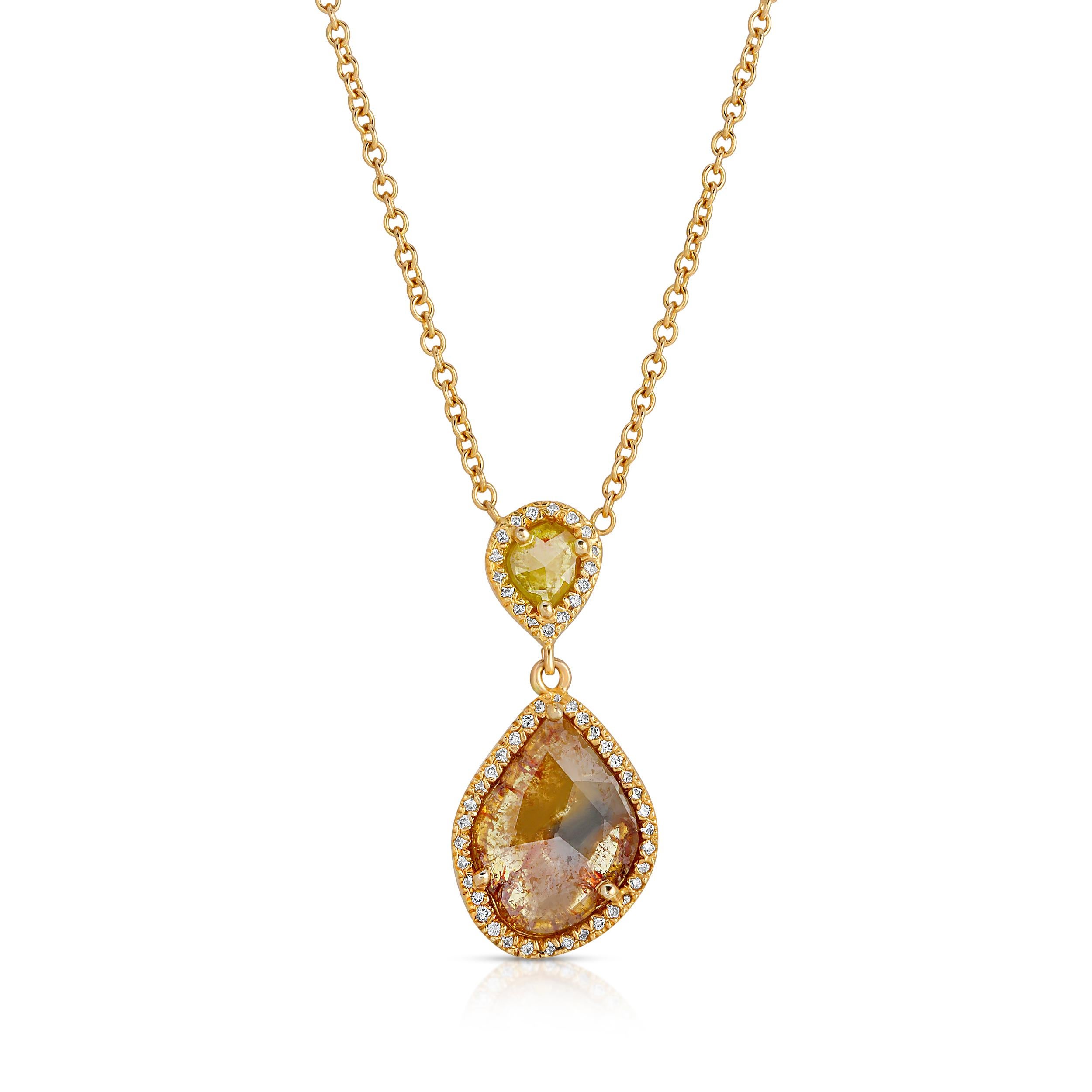 Amber Diamond Slice Drop Pendant with Diamond Pave Halo in 18k Yellow ...