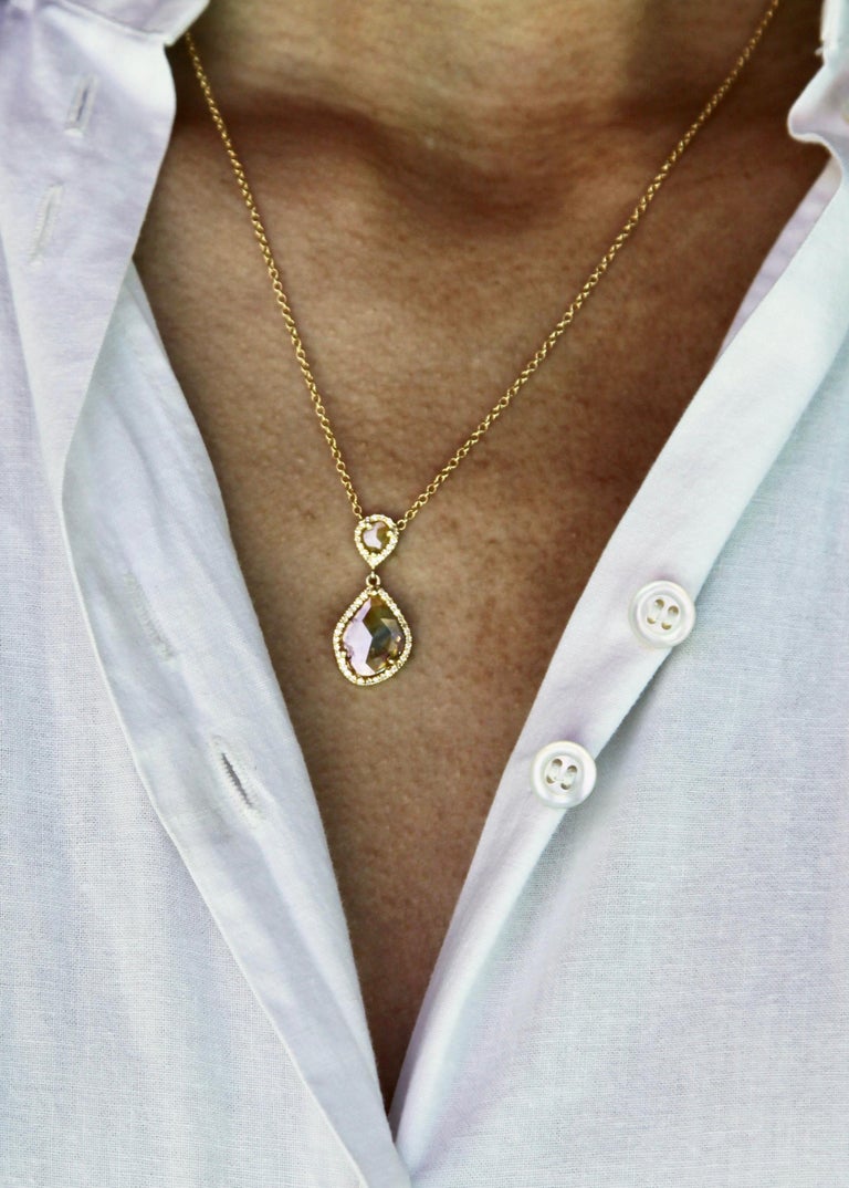 Amber Diamond Slice Drop Pendant with Diamond Pave Halo in 18k Yellow ...