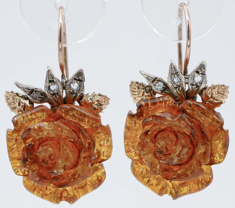 Amber, Diamonds, Rose Gold and Silver Retrò Dangle Earrings. For Sale ...