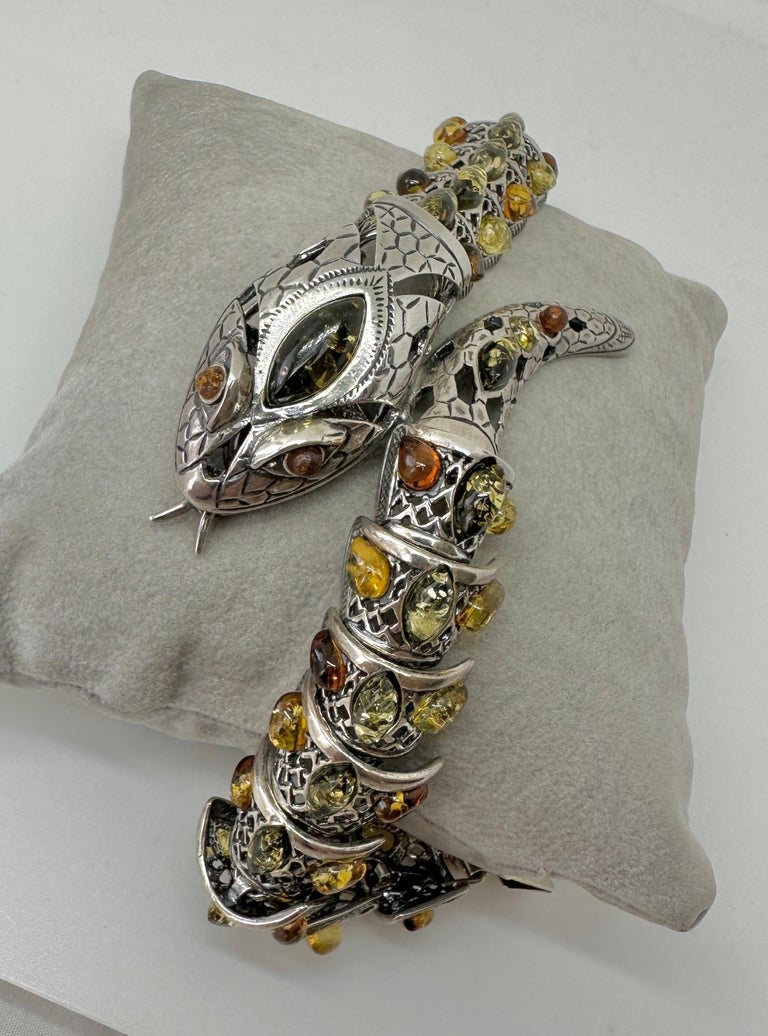 Amber Snake Bracelet Sterling Silver Articulated Mouth Opens For Sale ...