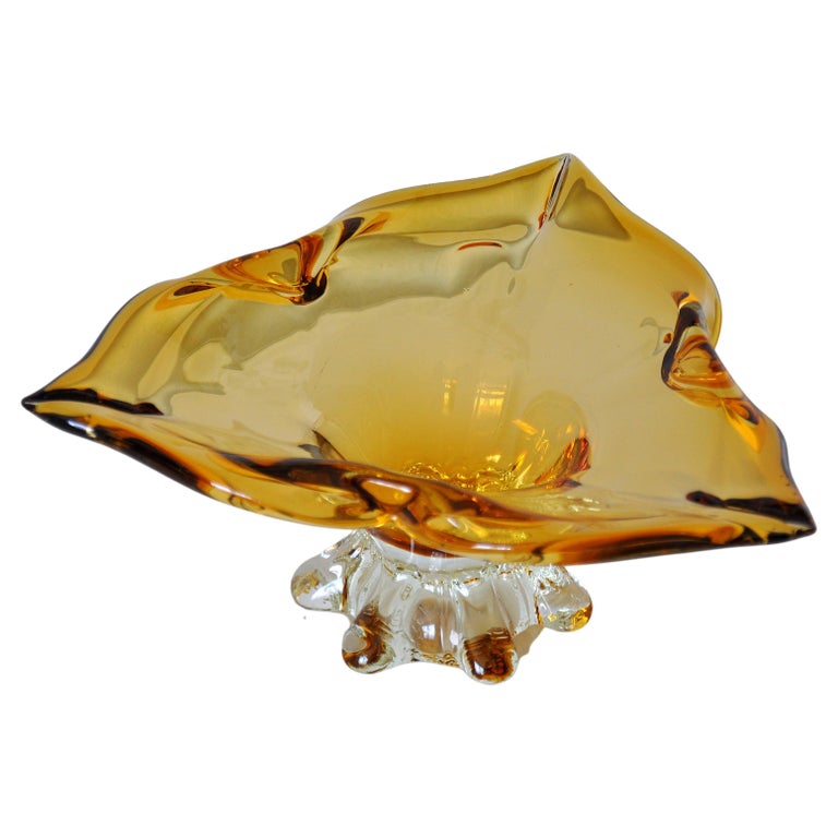 Amber Yellow Murano Glass Compote Footed Bowl For Sale at 1stDibs
