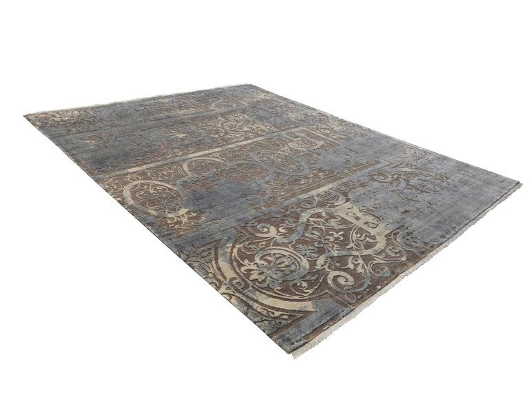 AME Hand Knotted French Rococo Inspired Rug, Blue and Ivory Gold ...