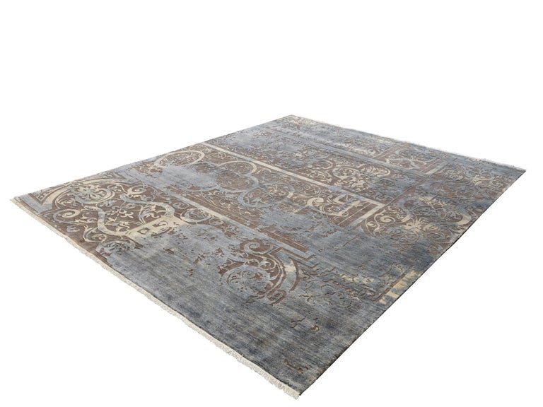 AME Hand Knotted French Rococo Inspired Rug, Blue and Ivory Gold ...