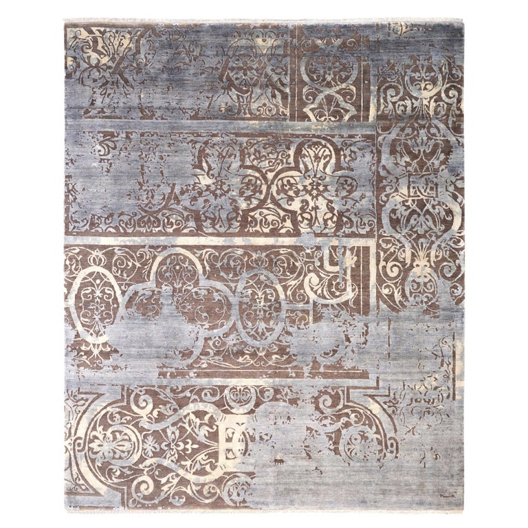 AME Hand Knotted French Rococo Inspired Rug, Blue and Ivory Gold ...