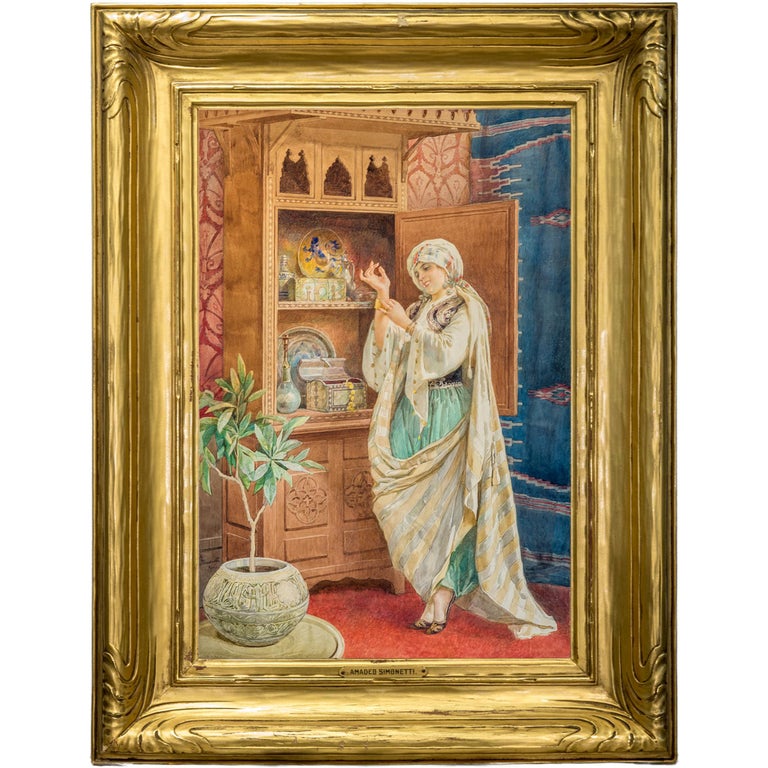 Amedeo Simonetti - Fine Watercolor Painting of an Orientalist Beauty by ...