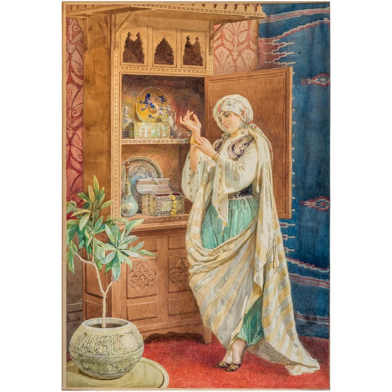 Amedeo Simonetti - Fine Watercolor Painting of an Orientalist Beauty by ...