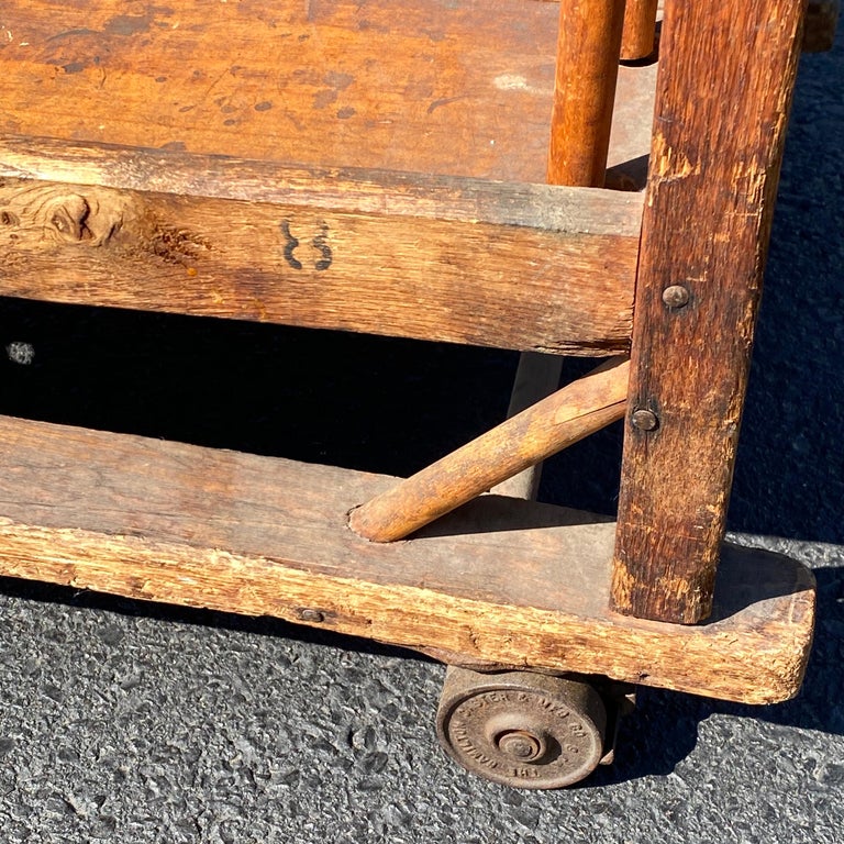 American 1930s Wooden Shelf, Cart or Bread Rack on Industrial Iron ...
