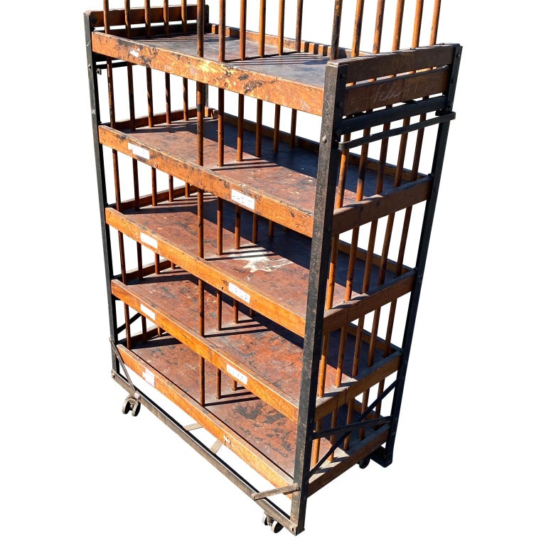 American 1930s Wooden Shelf, Cart or Bread Rack on Industrial Iron ...
