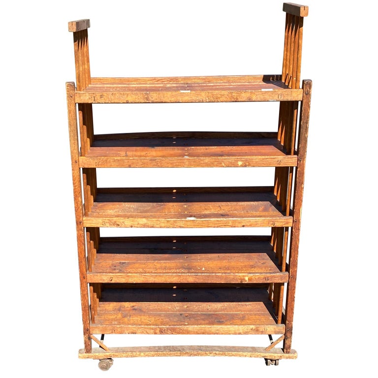American 1930s Wooden Shelf, Cart or Bread Rack on Industrial Iron ...