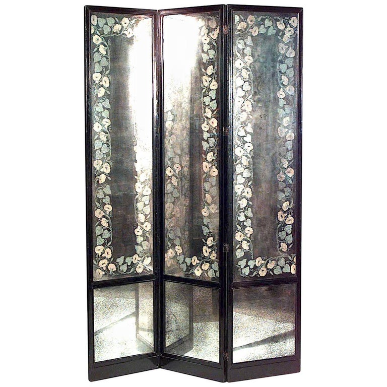 Mid-Century American Mirrored 3-Fold Screen with Lacquered Frame For ...