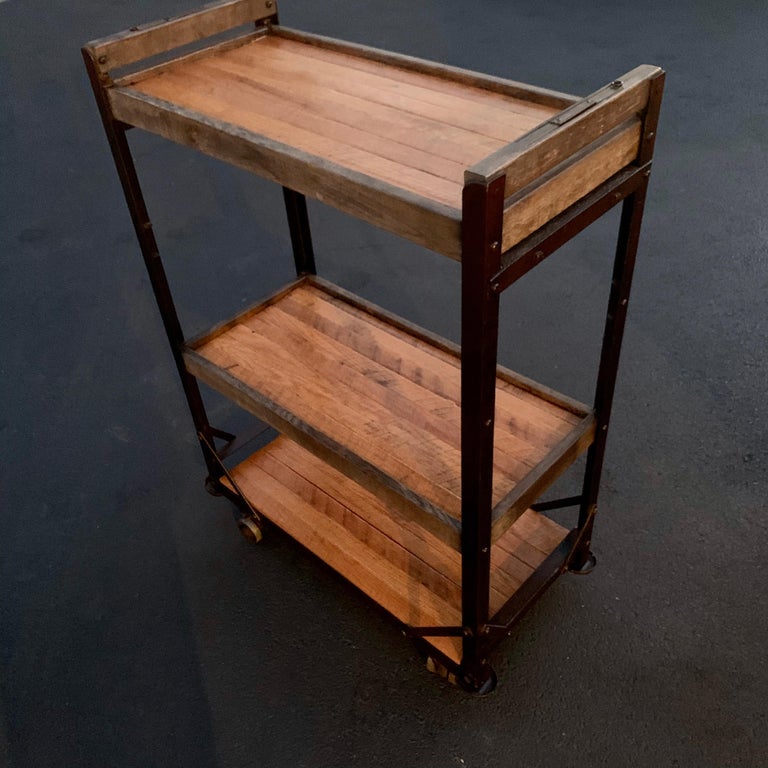 American 1960s Wooden Shelf, Cart or Bread Rack on Industrial Iron ...