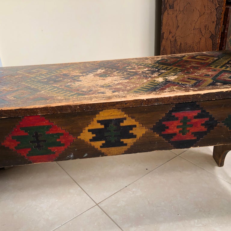 American Antique Hand-Incised and Painted Wood Bench, Unique Native ...