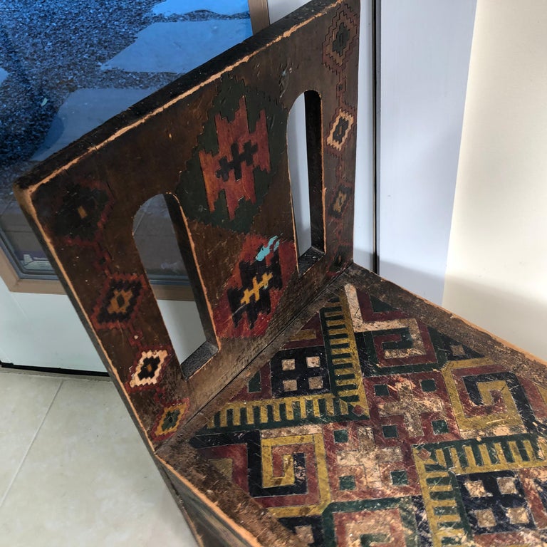 American Antique Hand-Incised and Painted Wood Bench, Unique Native ...