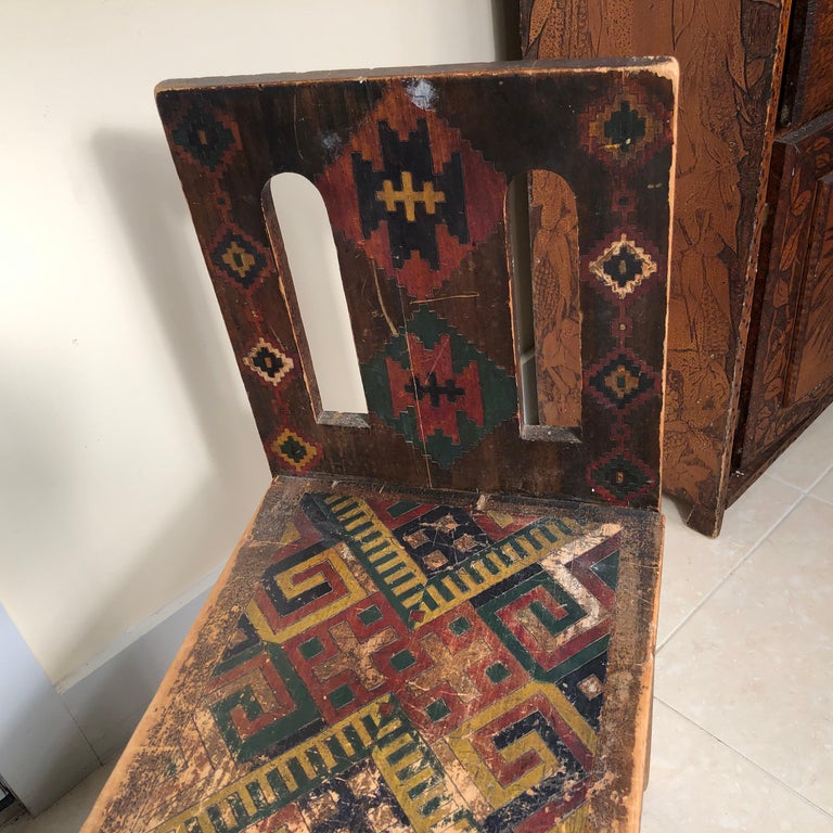 American Antique Hand-Incised and Painted Wood Bench, Unique Native ...