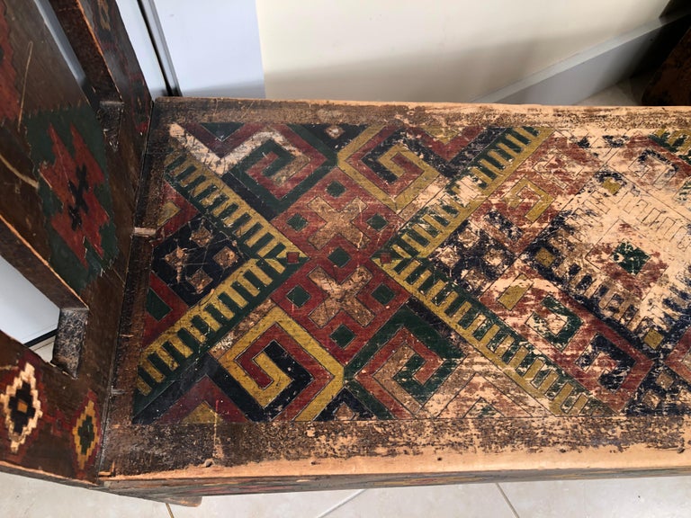 American Antique Hand-Incised and Painted Wood Bench, Unique Native ...