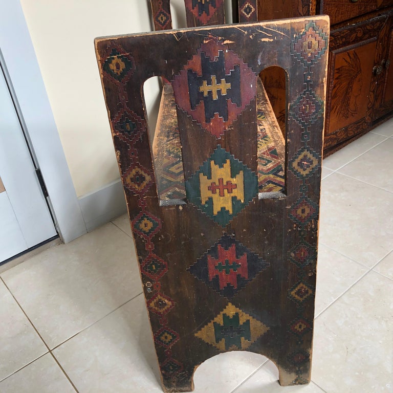 American Antique Hand-Incised and Painted Wood Bench, Unique Native ...