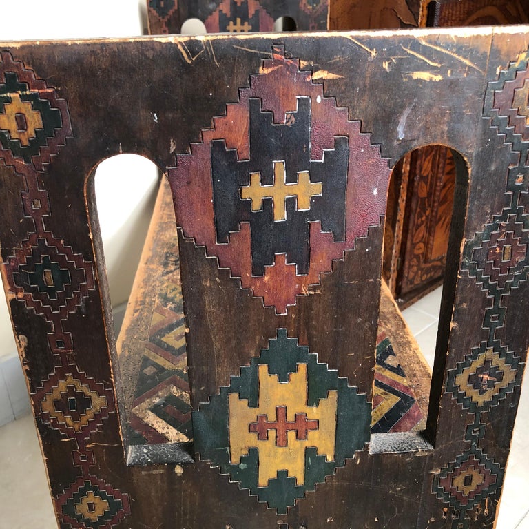 American Antique Hand-Incised and Painted Wood Bench, Unique Native ...