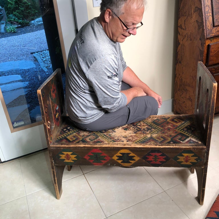 American Antique Hand-Incised and Painted Wood Bench, Unique Native ...