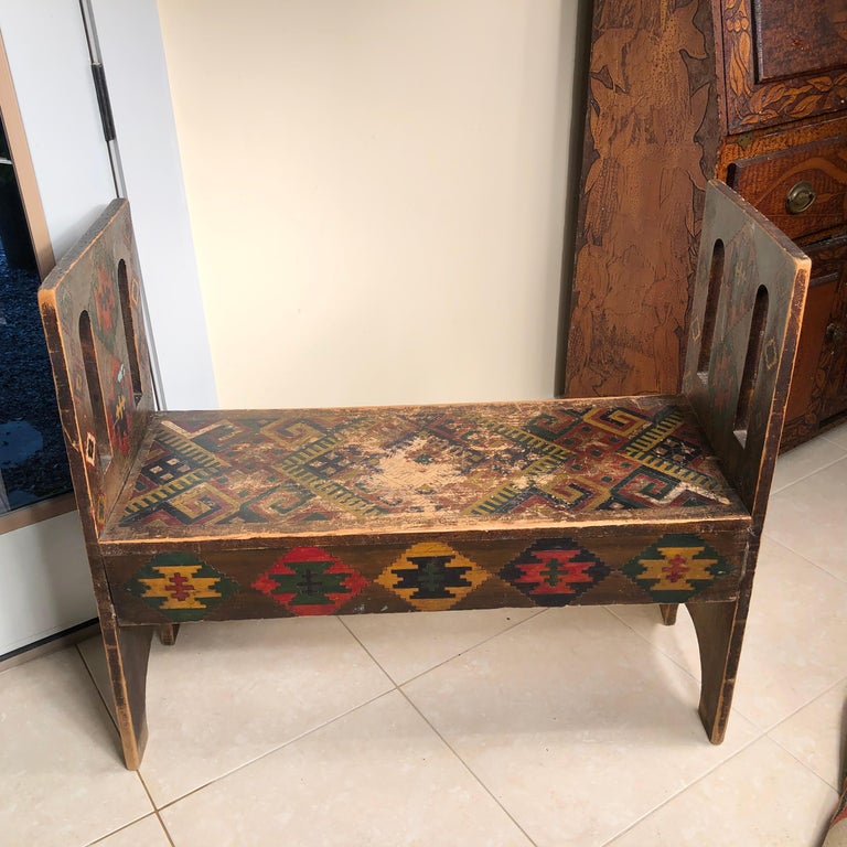 American Antique Hand-Incised and Painted Wood Bench, Unique Native ...
