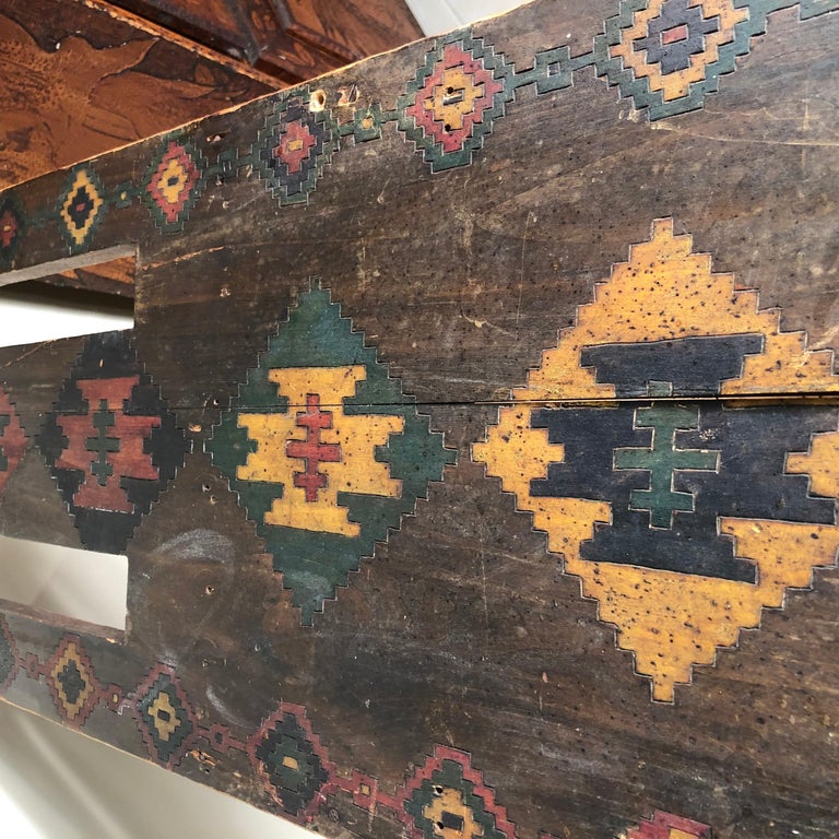 American Antique Hand-Incised and Painted Wood Bench, Unique Native ...