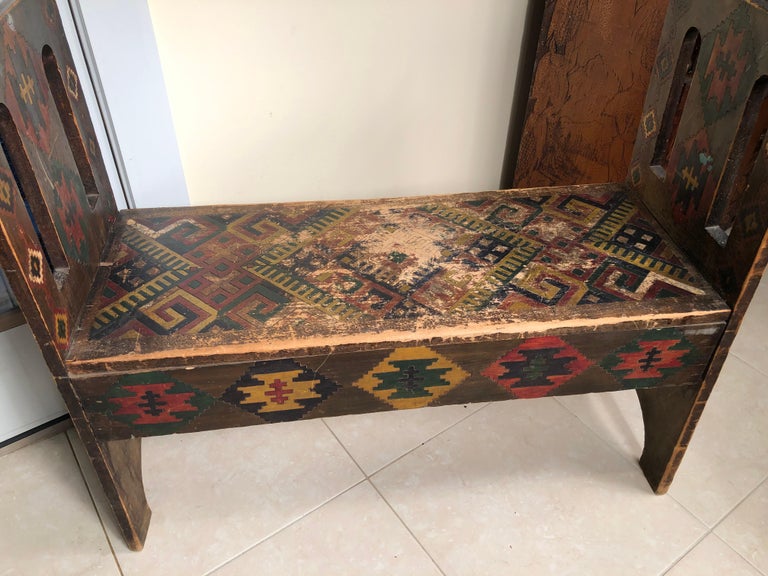 American Antique Hand-Incised and Painted Wood Bench, Unique Native ...