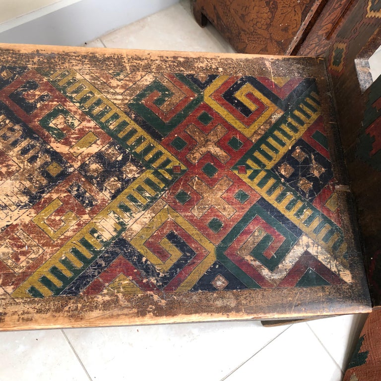 American Antique Hand-Incised and Painted Wood Bench, Unique Native ...