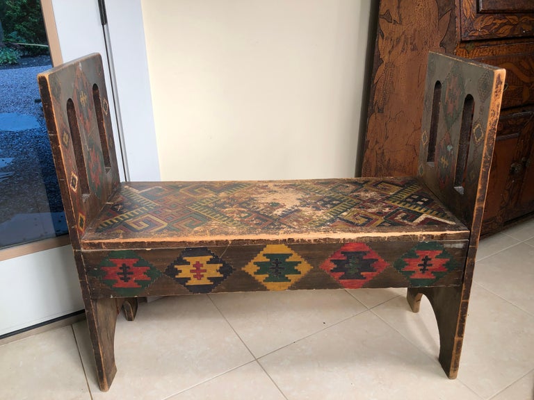 American Antique Hand-Incised and Painted Wood Bench, Unique Native ...