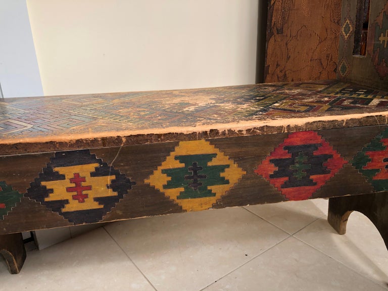 American Antique Hand-Incised and Painted Wood Bench, Unique Native ...