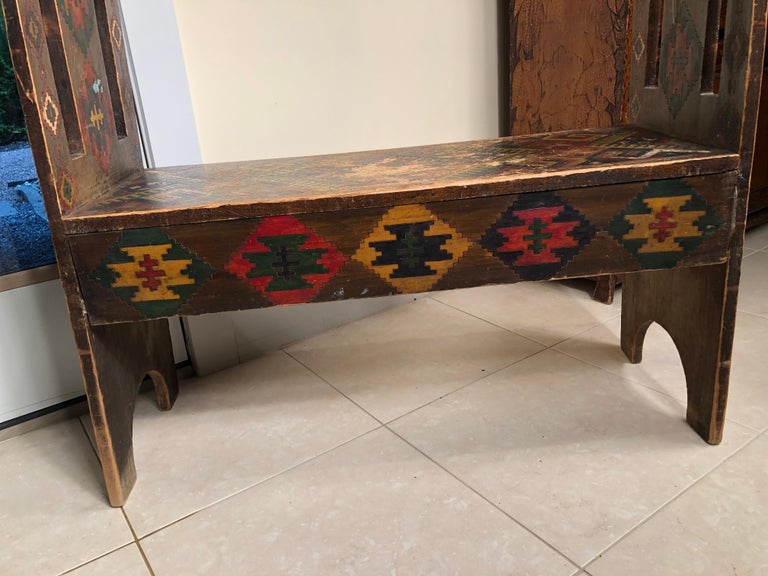 American Antique Hand-Incised and Painted Wood Bench, Unique Native ...