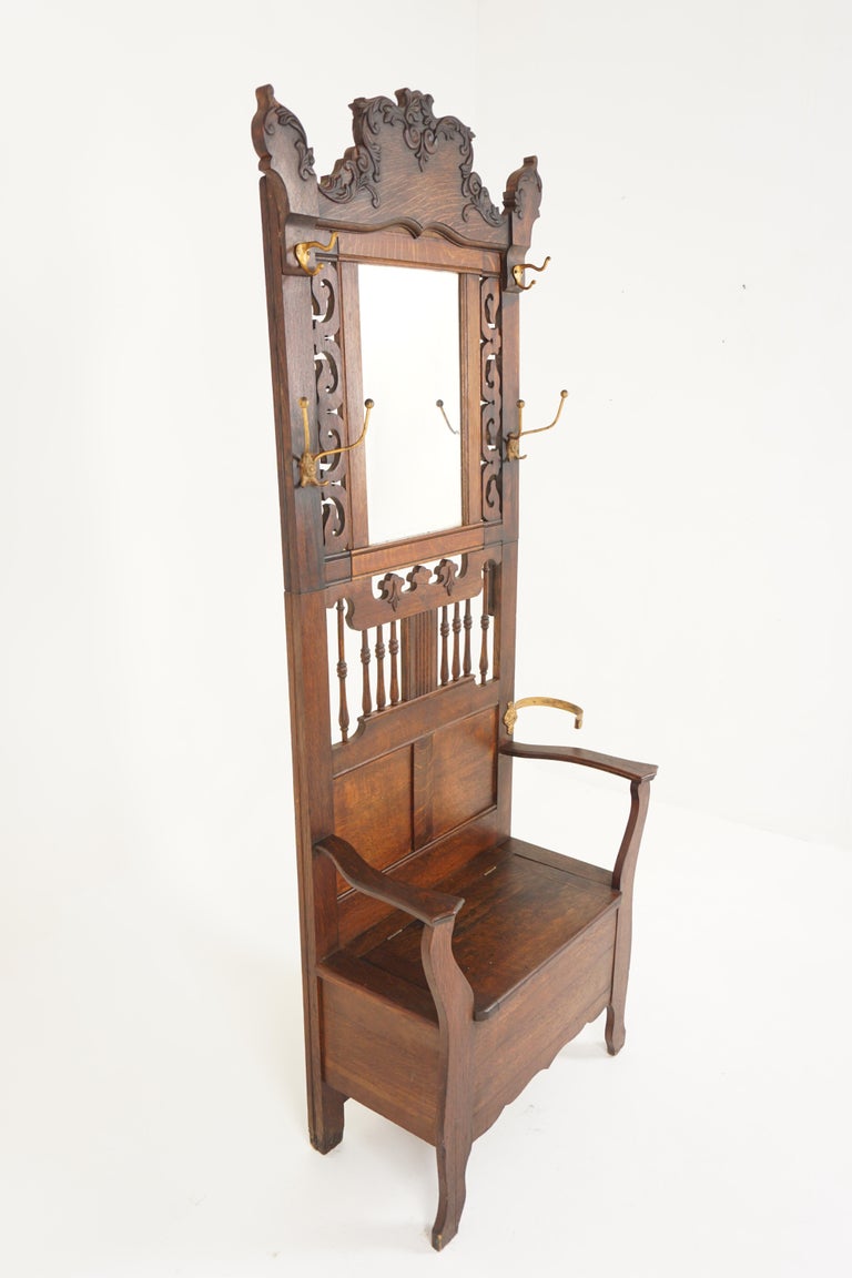 American Antique Oak Hall Stand, Hall Tree, Storage Bench, American ...