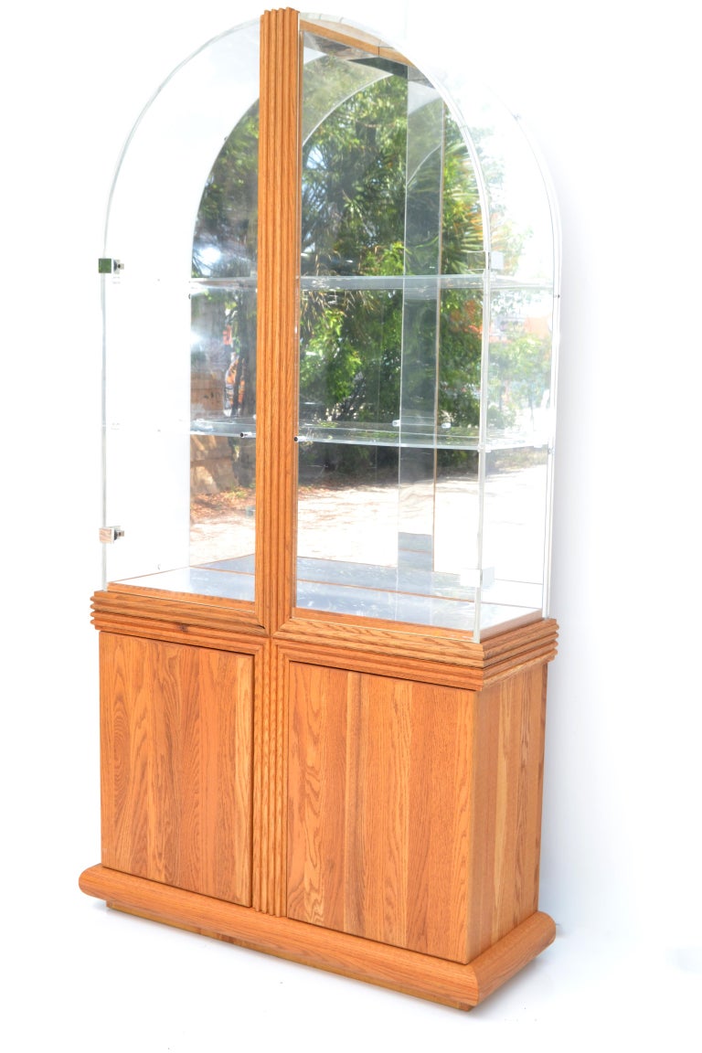 American Arch Shape Lucite, Mirror and Oak Wood Vitrine, Showcase ...