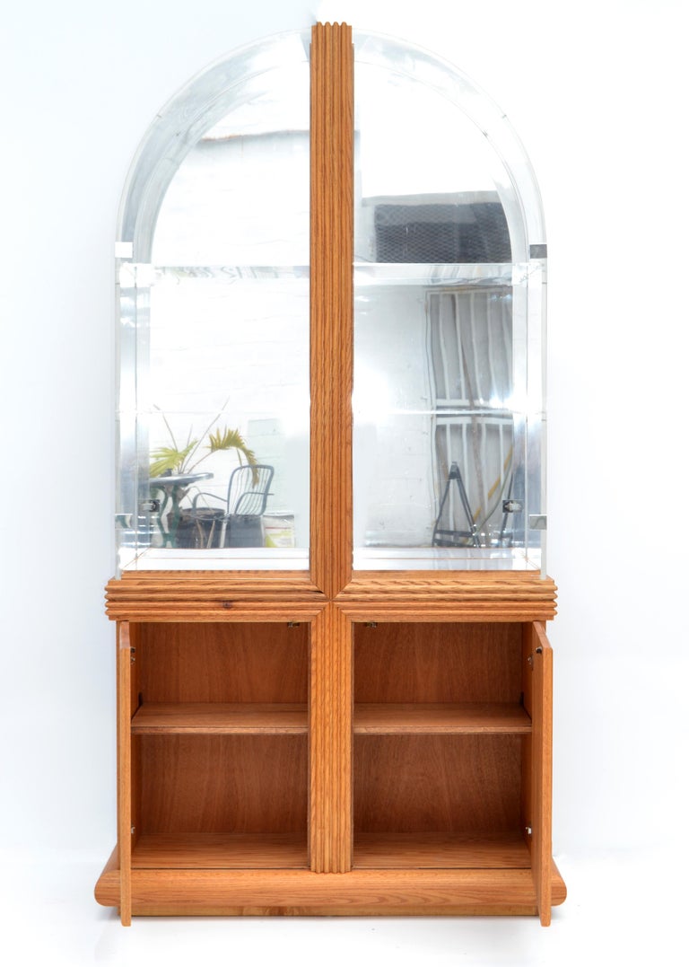 American Arch Shape Lucite, Mirror and Oak Wood Vitrine, Showcase ...