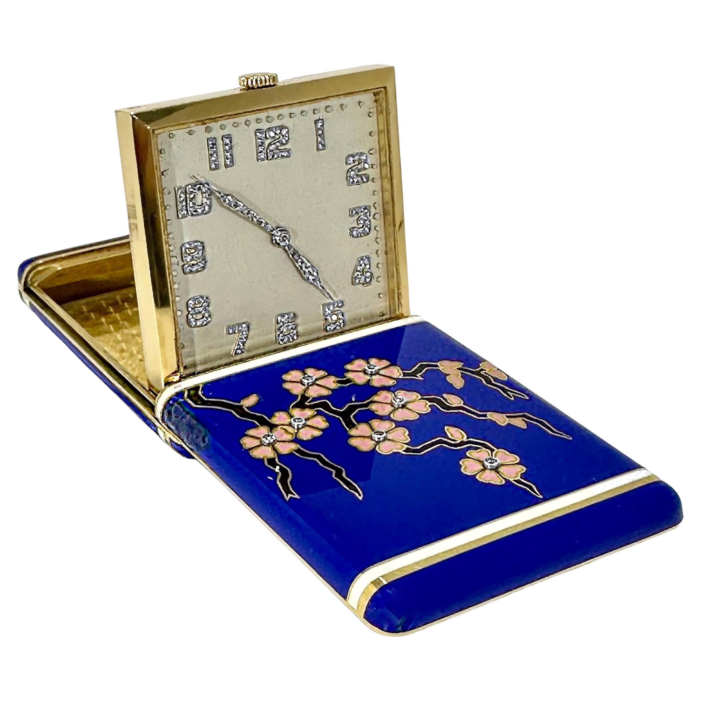 American Art-Deco 18K Gold, Enamel and Diamond Travel Clock For Sale at ...